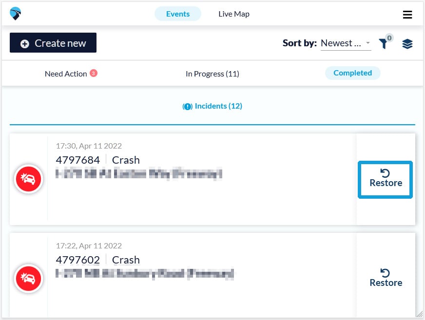 How can I restore a completed incident?