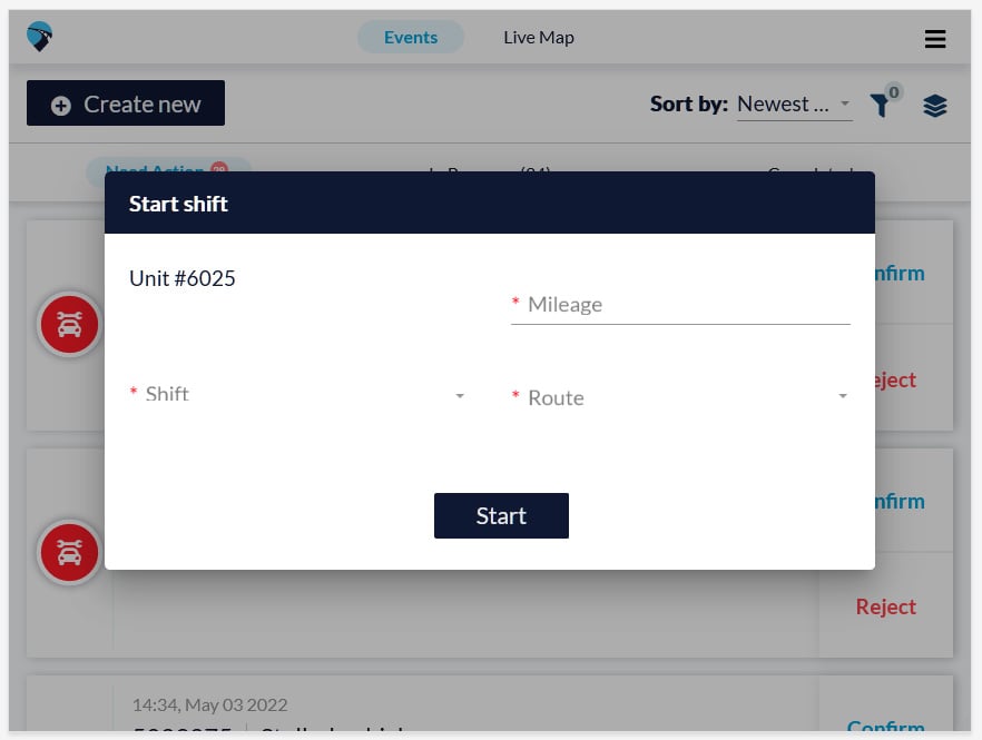 How do I select a unit, route, and shift?
