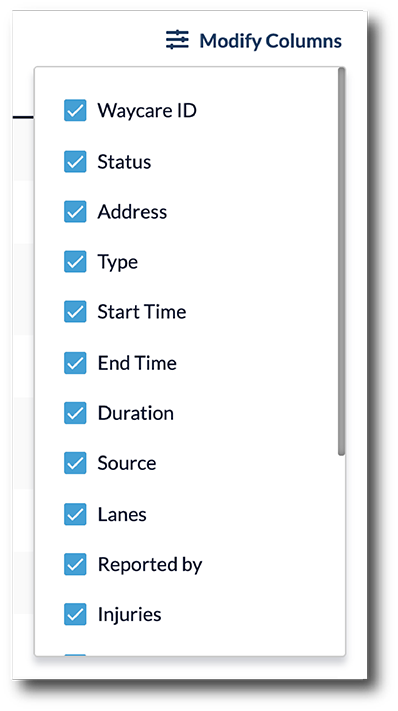 What filters are available with the Modify Columns option?